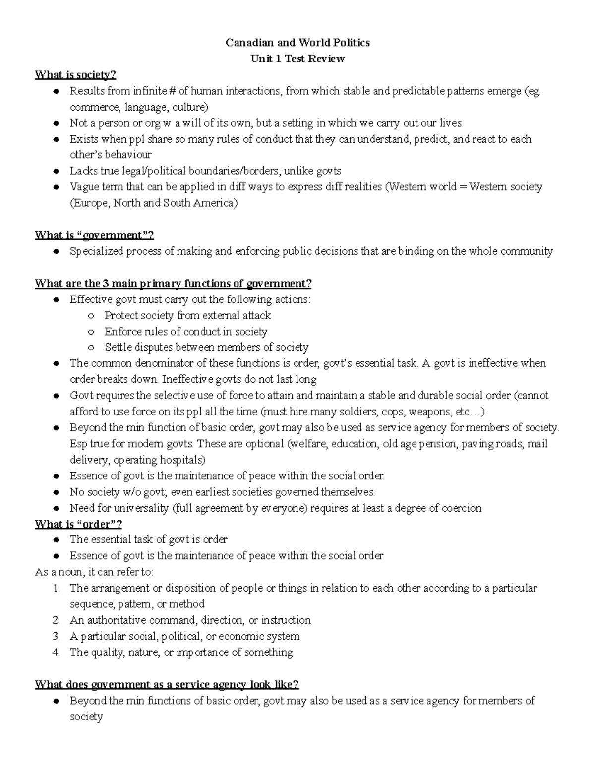 Politics Unit 1 Review - Canadian and World Politics Unit 1 Test Review ...