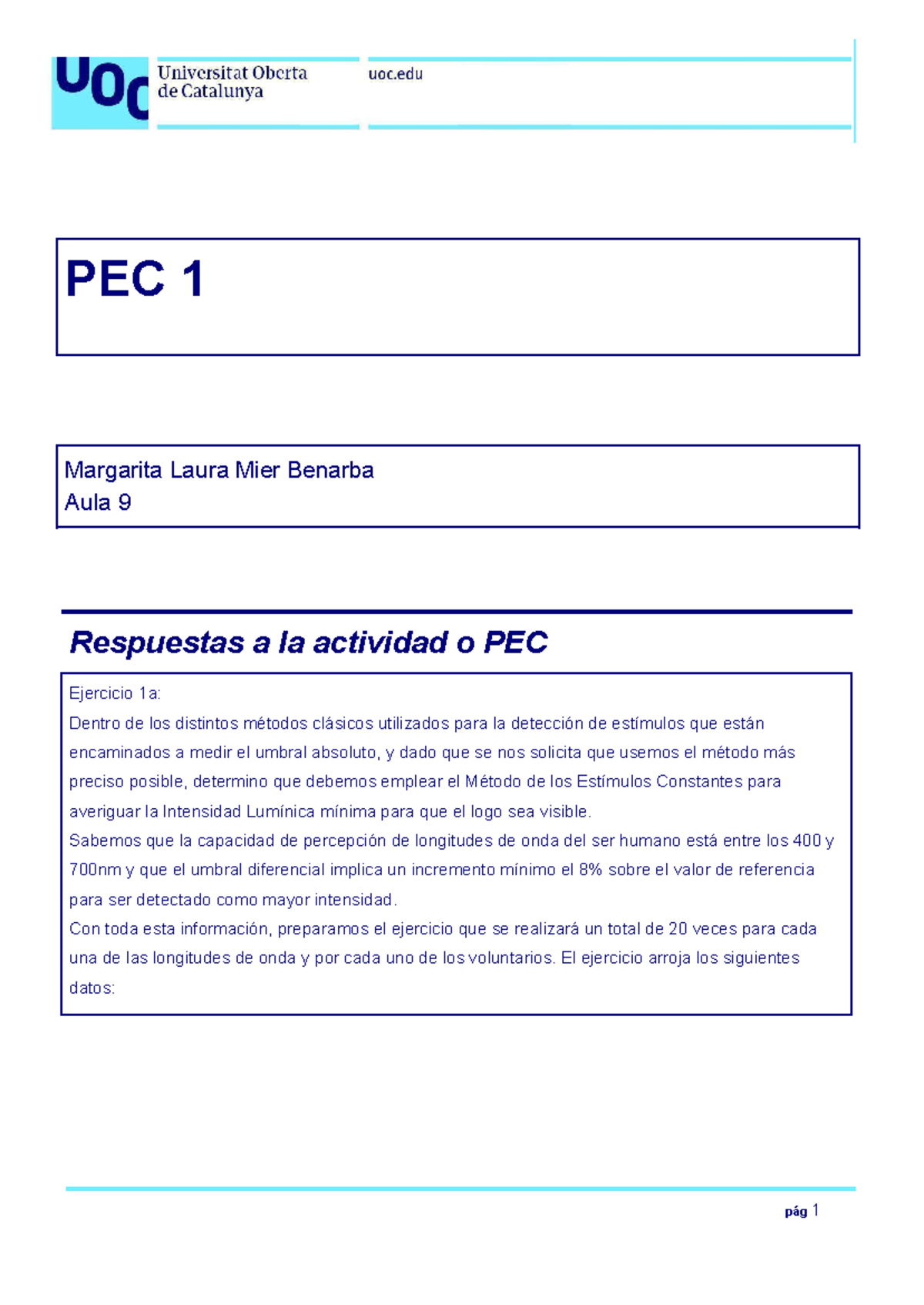 PEC 1 resolta 2024 - PEC 1 Margarita Laura Mier Benarba Aula 9 Respuestas a la actividad o PEC ...