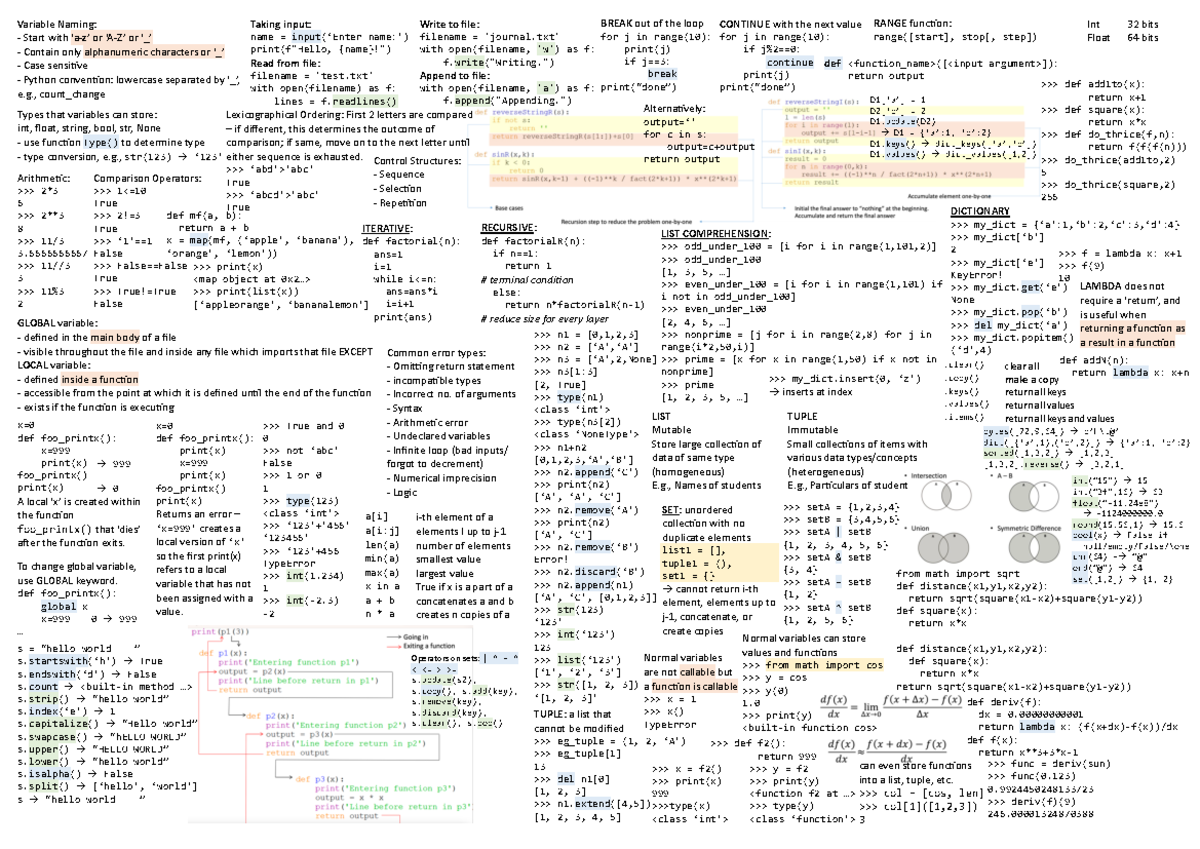 Quiz 1 cheat sheet (16-SEP-2023) - GLOBAL variable: - defined in the ...