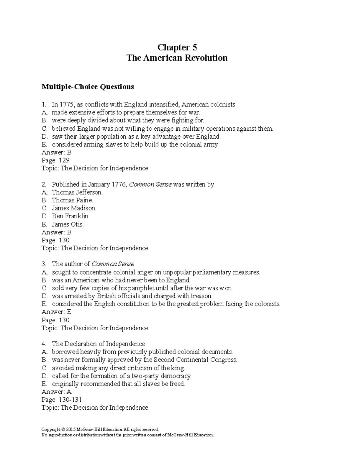 Brinkley 15 tb ch05 - Chapter 5 The American Revolution Multiple-Choice ...
