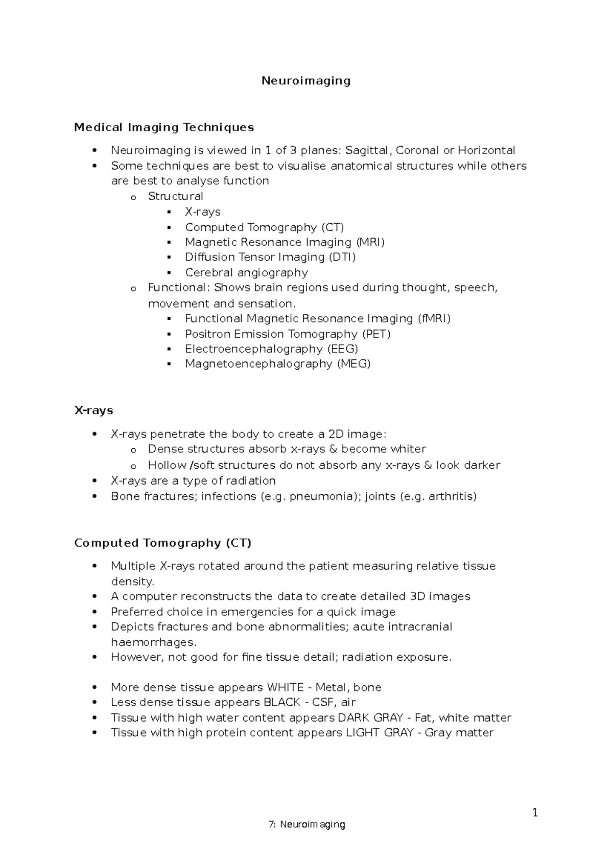 7- Neuroimaging - lecture notes - Neuroimaging Medical Imaging ...