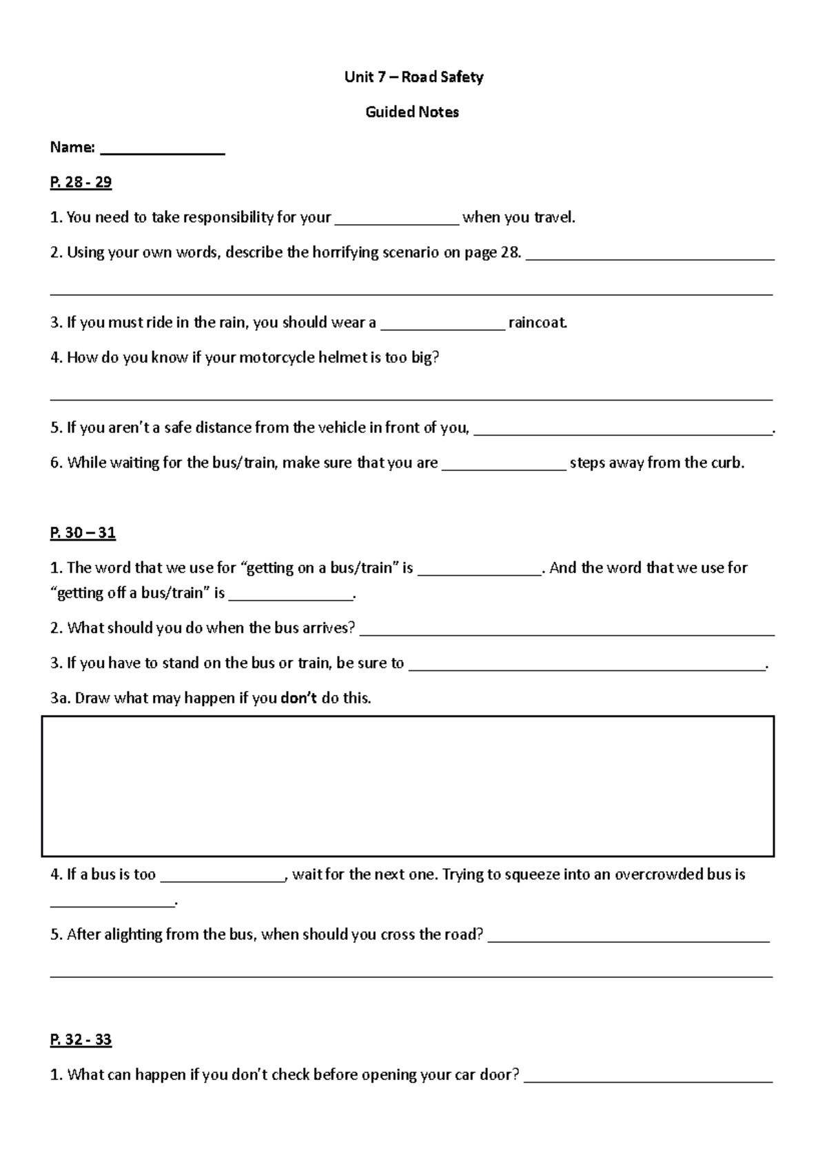 Unit 7 - Road Safety - Worksheet - Unit 7 – Road Safety Guided Notes ...
