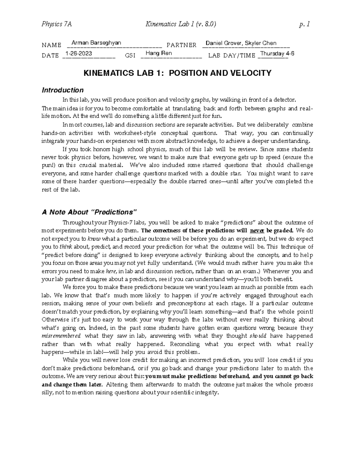 Lab 1 - Lab 1 Kinematics - NAME _____________________________ PARTNER ...