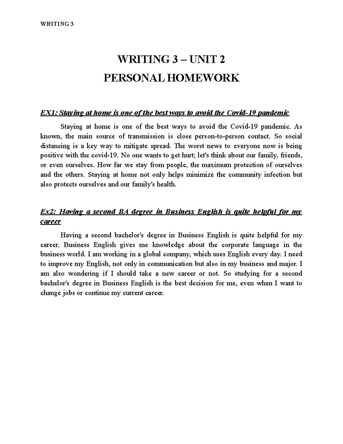 Writing 3 - UNIT 2 - WRITING 3 WRITING 3 – UNIT 2 PERSONAL HOMEWORK EX1 ...