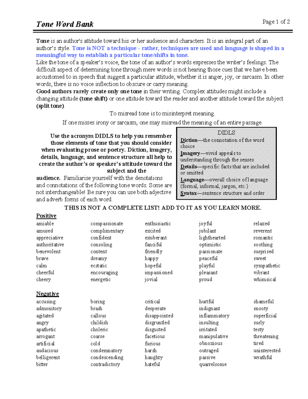 Tone - ) Syntax—sentence structure and order Tone is an author's ...
