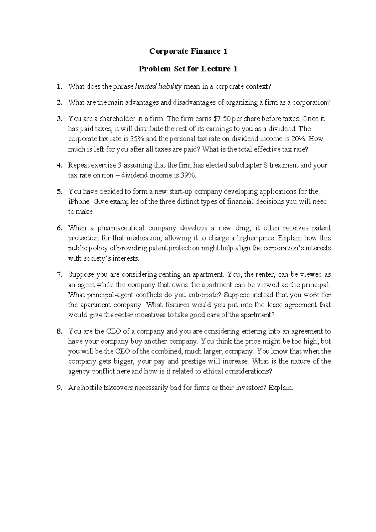 Problem Set 1 - Lecturer: Dr Thomai Filippeli - Corporate Finance 1 ...