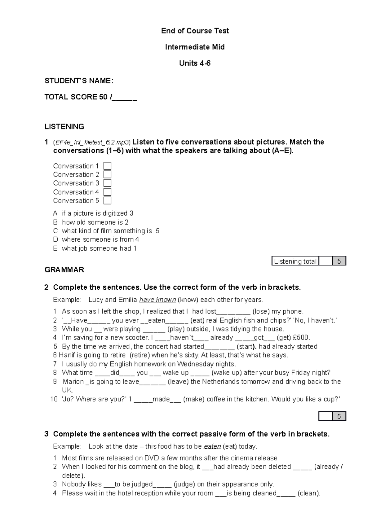 Final Test Intermediate Mid - End of Course Test Intermediate Mid Units ...