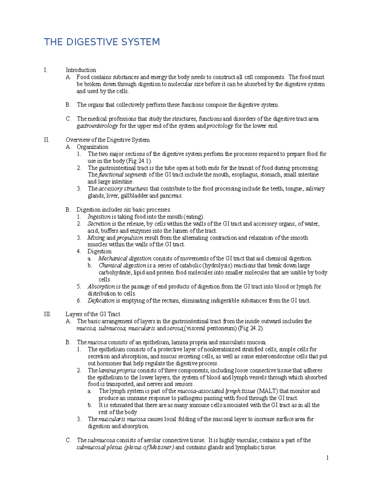 CH 24 The Digestive System - THE DIGESTIVE SYSTEM I. Introduction A ...