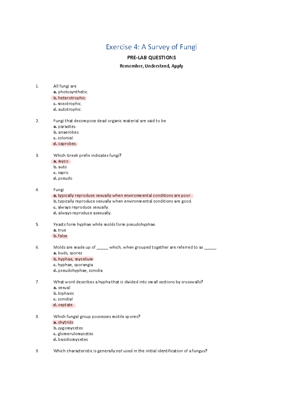 Exercise 4, questions, fungi - Exercise 4: A Survey of Fungi PRE-LAB ...