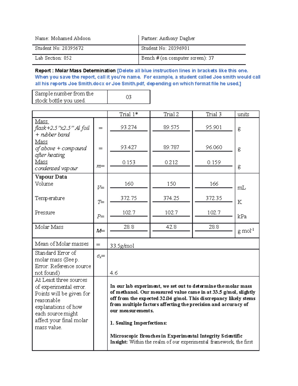 Molar Mass Lab - lab - Name: Mohamed Abdoon Partner: Anthony Dagher ...