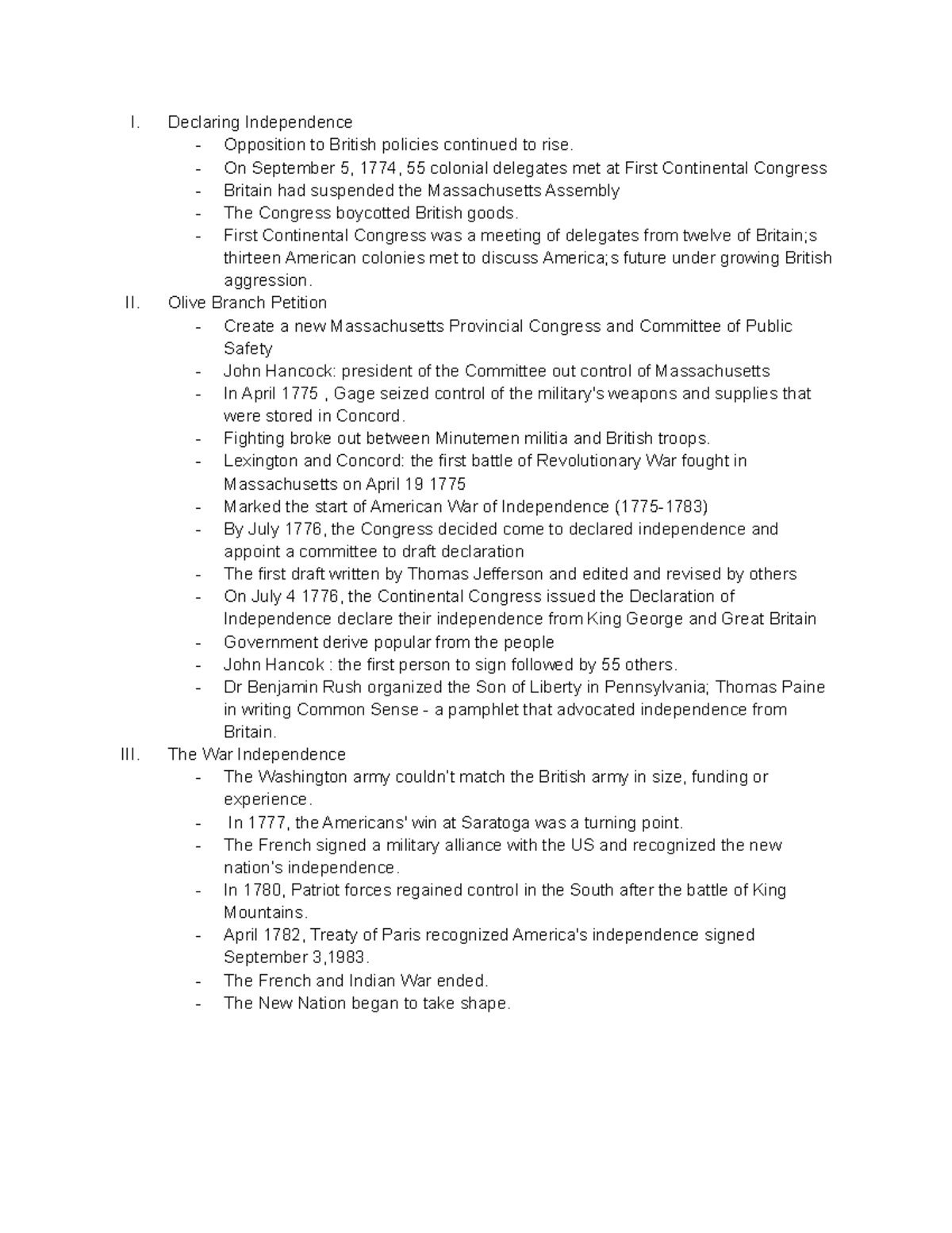 US History - Chapter 1 Set 3 Notes - I. Declaring Independence ...