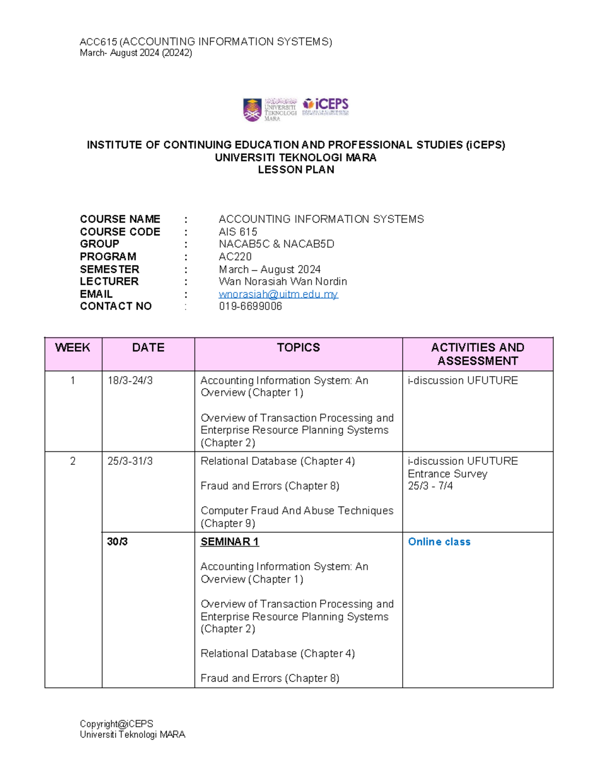 AIS615 Lesson PLAN Semester MAR-AUG 2024 - March- August 2024 (20242 ...