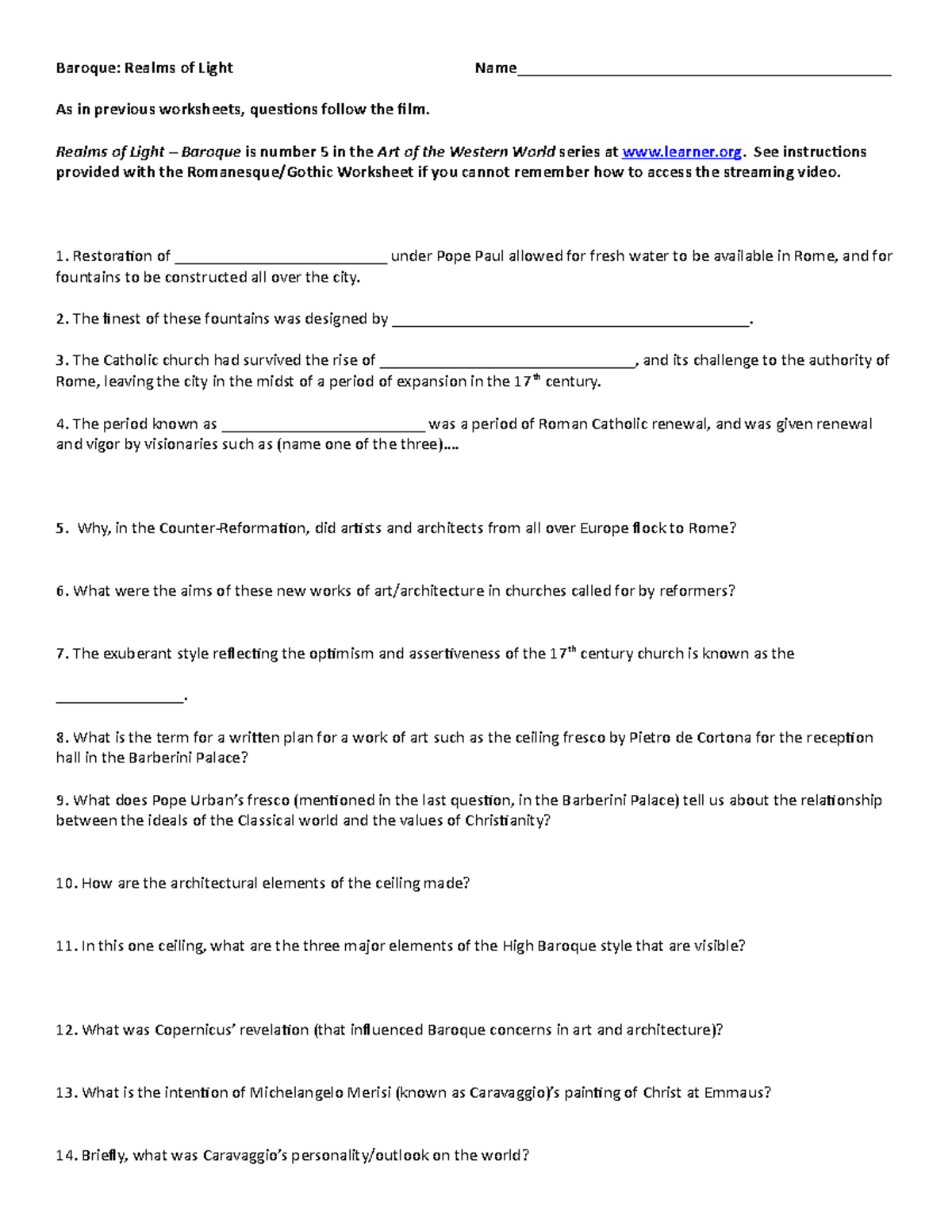 HUM+1020+Baroque+Worksheet - Baroque: Realms of Light - Studocu