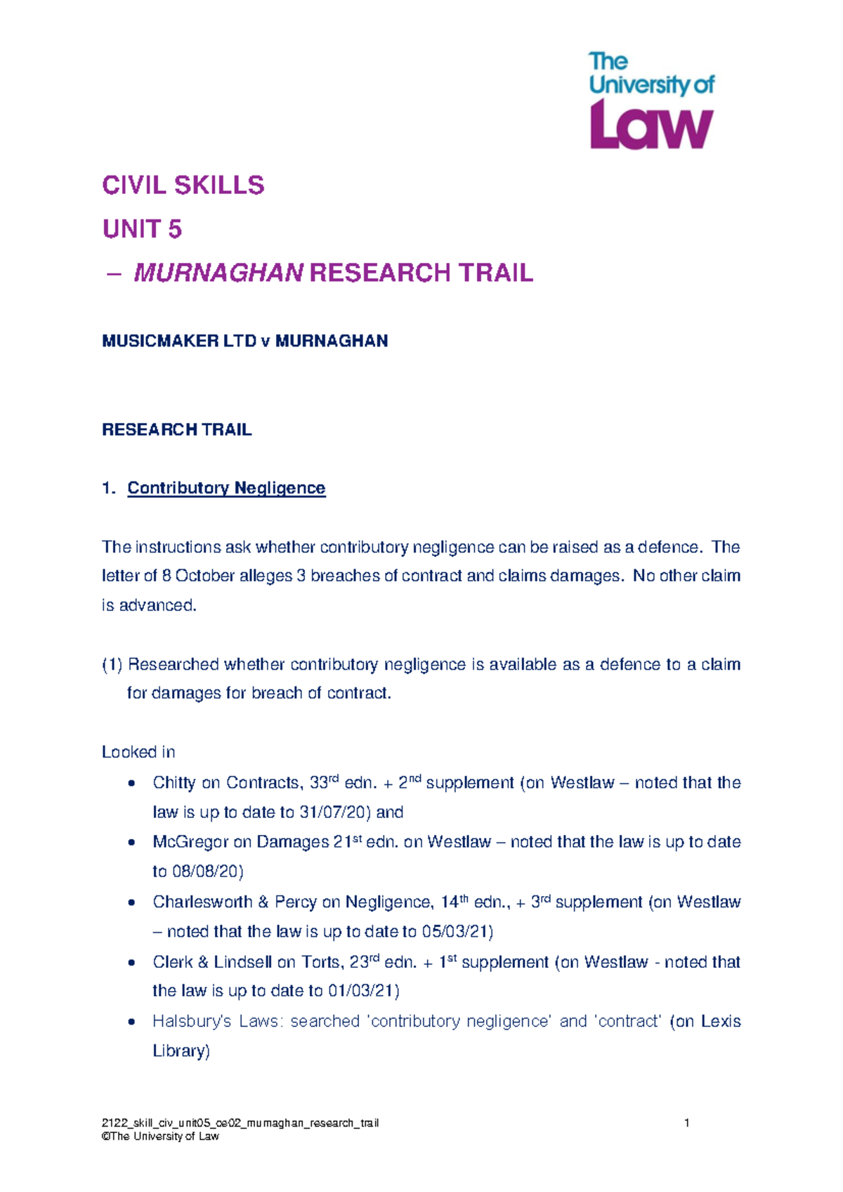 Sample 1 - Research Trail (Murnaghan - ULaw Sample) - - Studocu