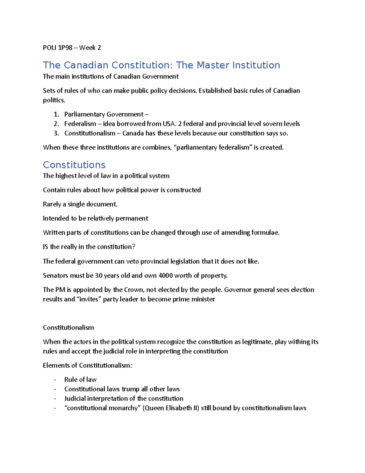 POLI 1P98 Week 2 - Lecture notes 2 - POLI 1P98 – Week 2 The Canadian ...