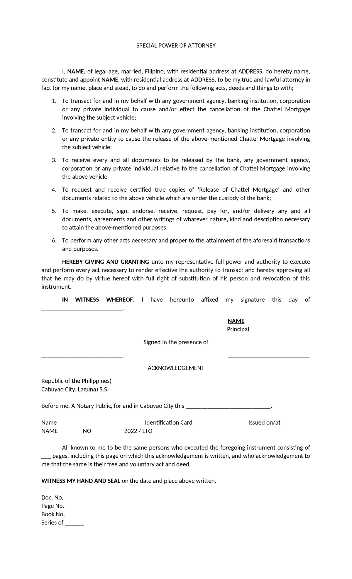 Special Power OF Attorney - LTO CHATTEL MORTGAGE - SPECIAL POWER OF ...