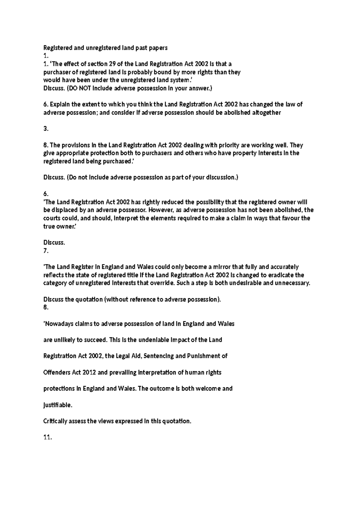 Registered and unregistered land past papers - ‘The effect of section ...