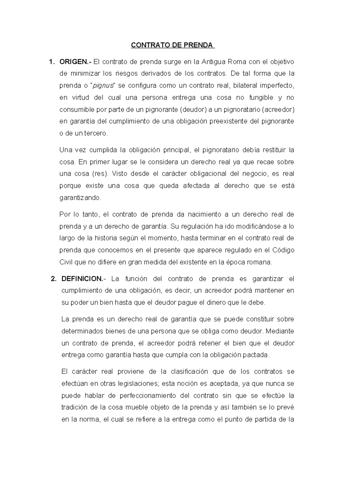 Contrato DE Prenda - CONTRATO DE PRENDA ORIGEN.- El contrato de prenda ...