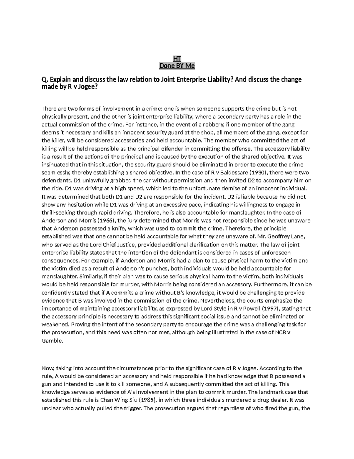 Joint enterprise liability - HT Done BY Me Q. Explain and discuss the ...