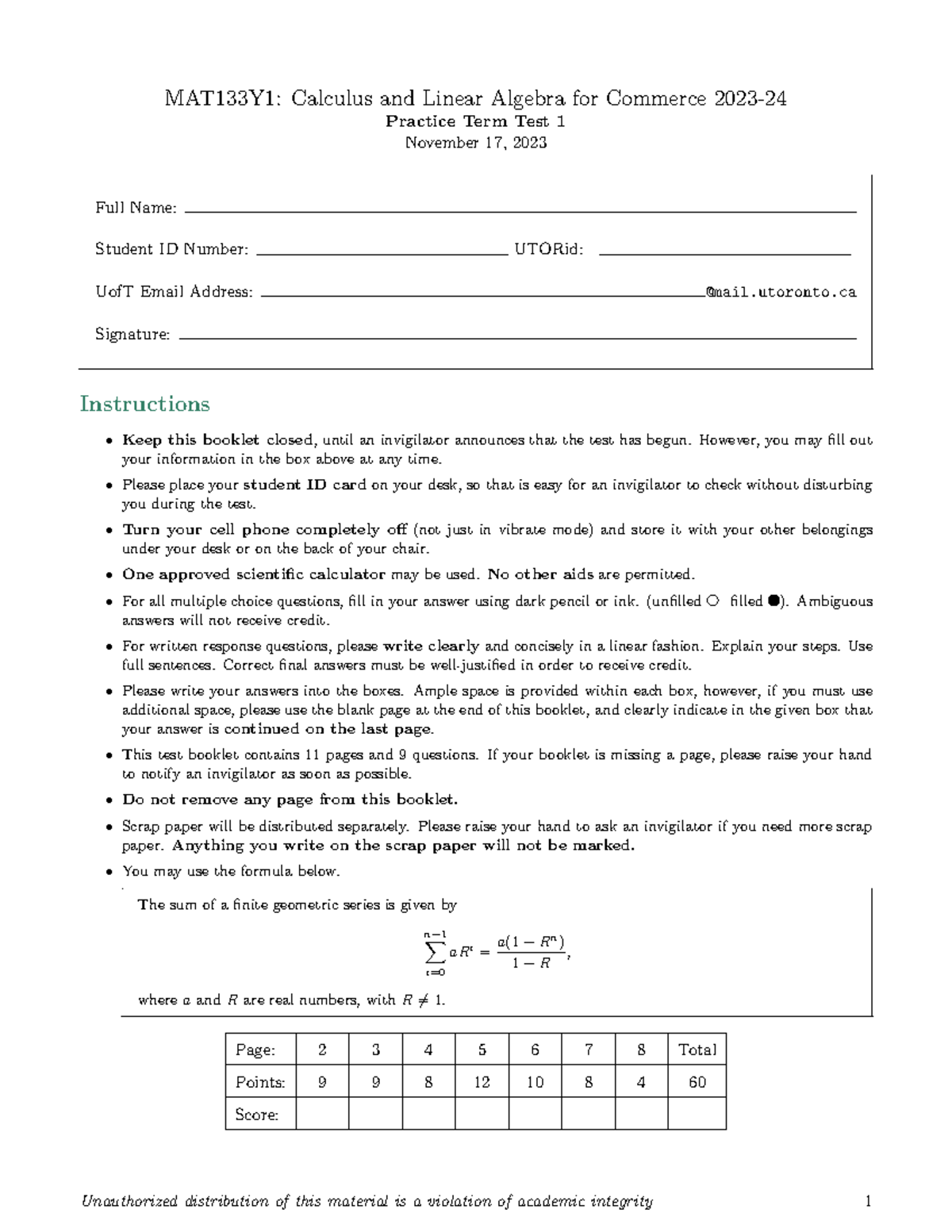2023 1 practice term test - MAT133Y1: Calculus and Linear Algebra for ...