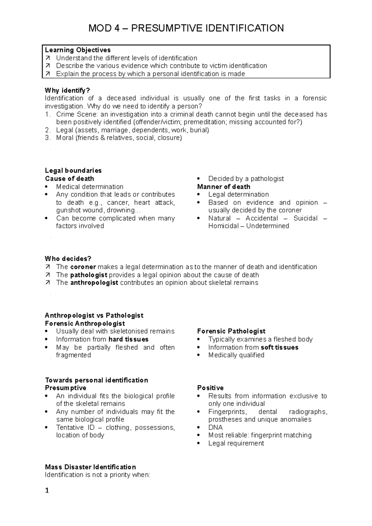 Mod 4 - presumptive id fnsc2200 semester 2 period - Learning Objectives ...