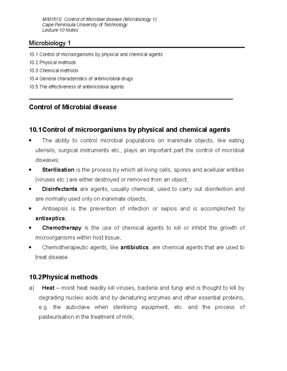 Microbiology 1 Lecture 10 (Control of Microbial disease) - Cape ...