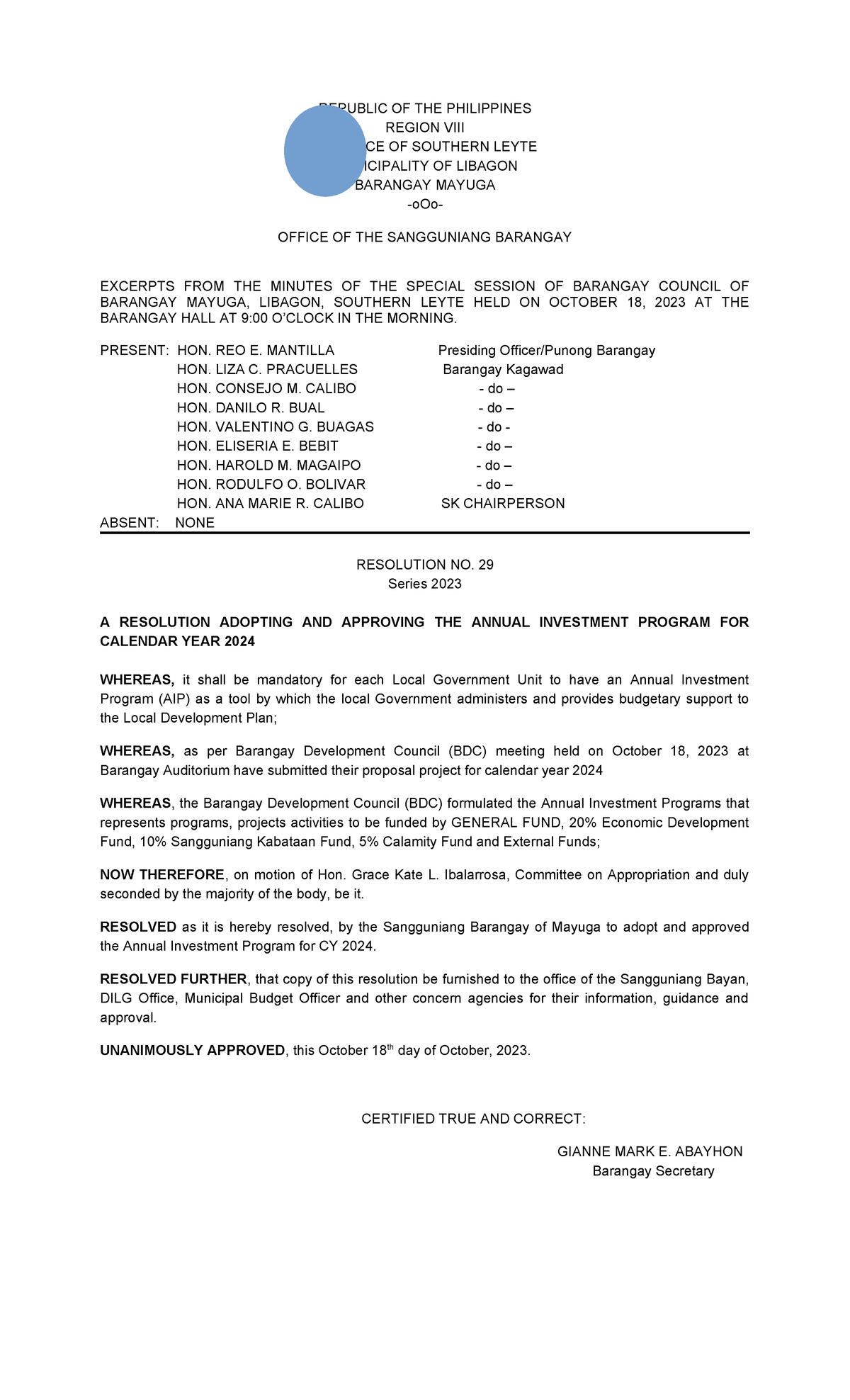 Resolution Approving - REPUBLIC OF THE PHILIPPINES REGION VIII PROVINCE ...