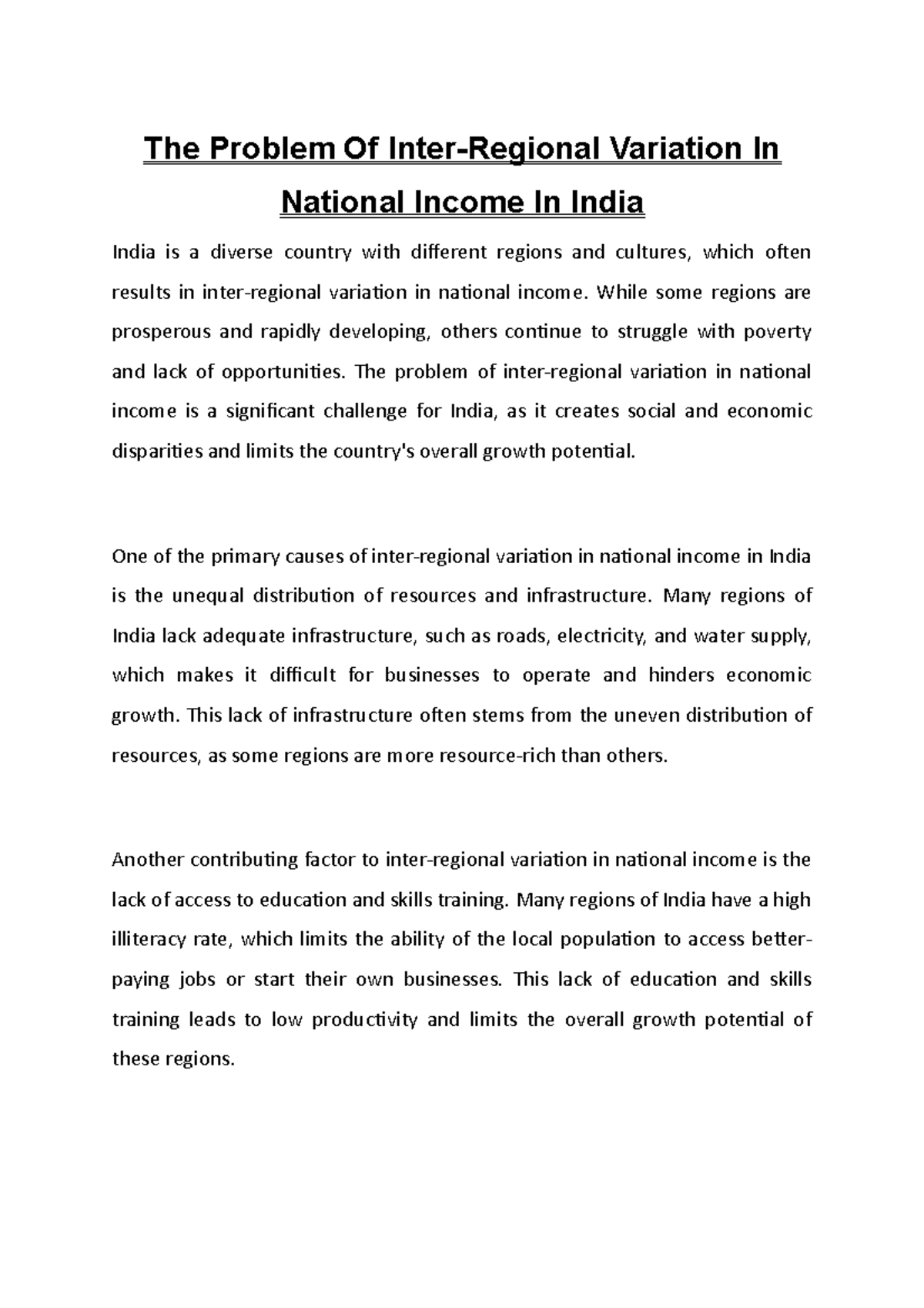 The Problem Of Inter-Regional Variation In National Income In India ...