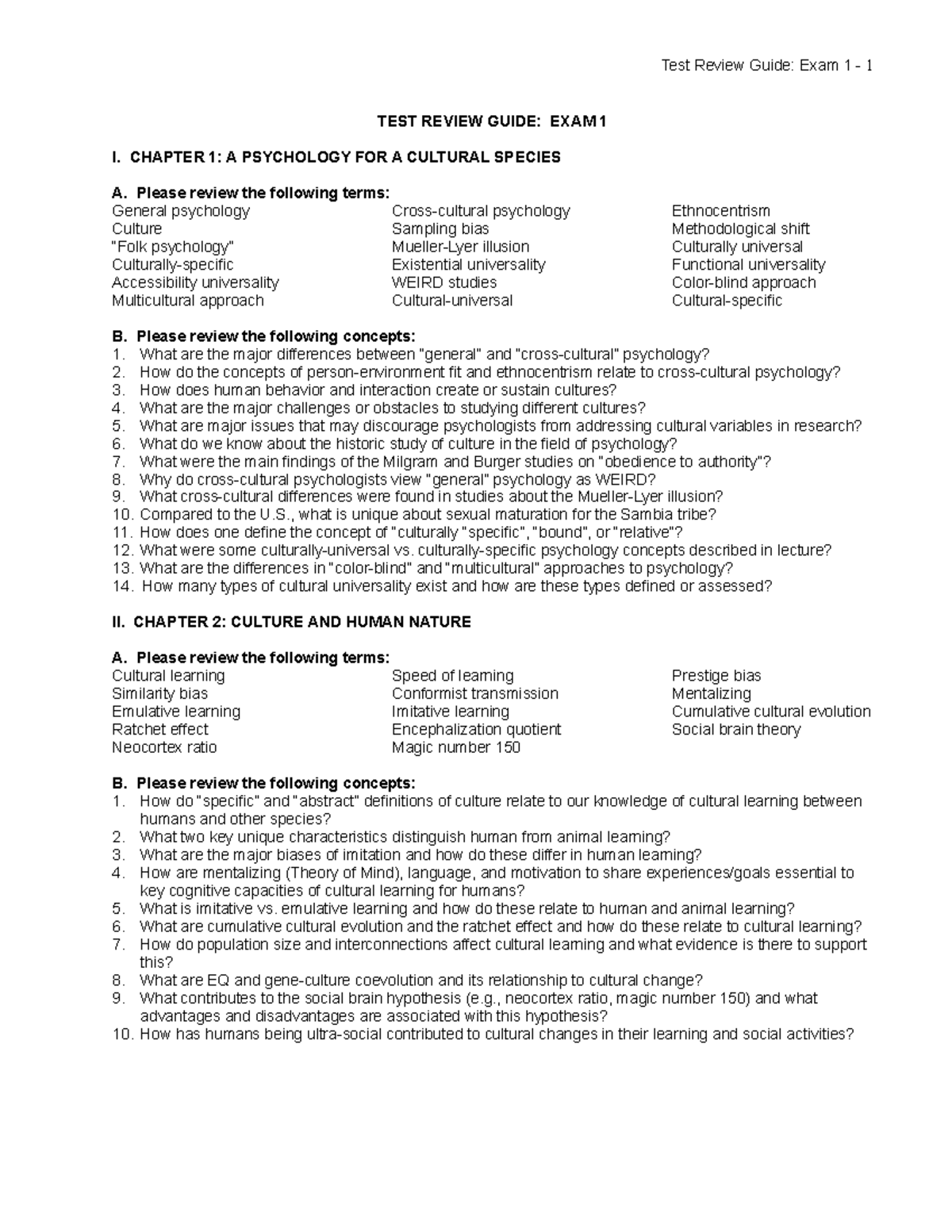 PSY100 - Test Review Guide - Exam 1 - Fall 2021 - Test Review Guide ...