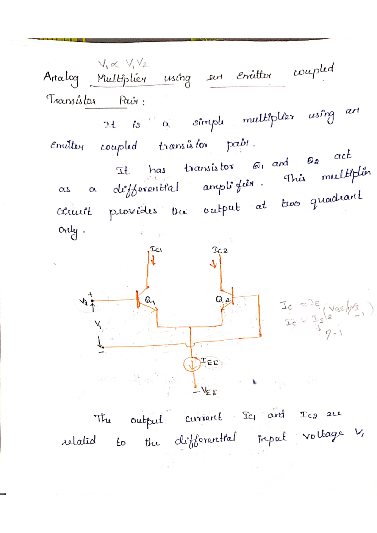 Analog Multiplayer using an emitter couples transistor pair - Vo d V,V2 ...