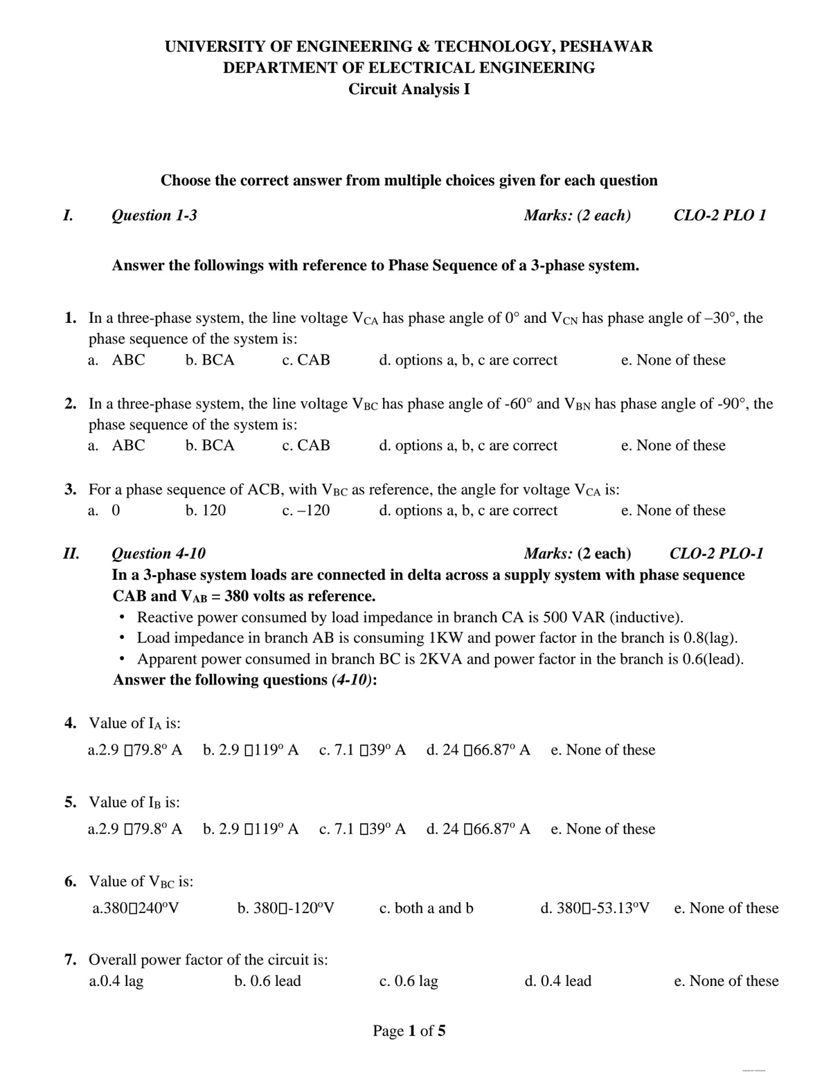 Circuit analysis I Final term Exam paper - Studocu
