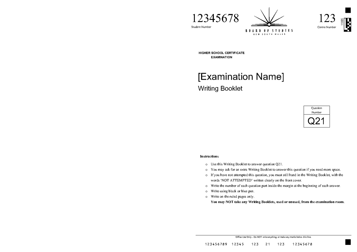 Writing booklet - HIGHER SCHOOL CERTIFICATE EXAMINATION o o o o o o ...