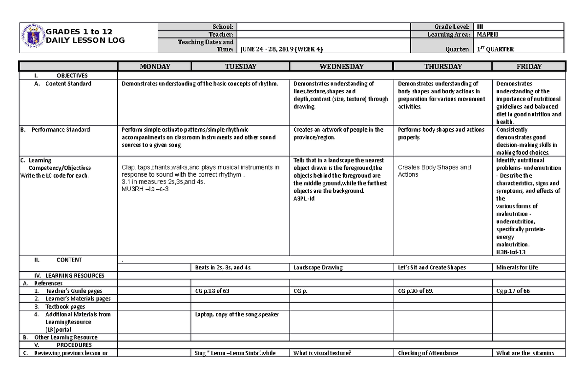 DLL Mapeh 3 Q1 W4 - thank you in advance - GRADES 1 to 12 DAILY LESSON ...