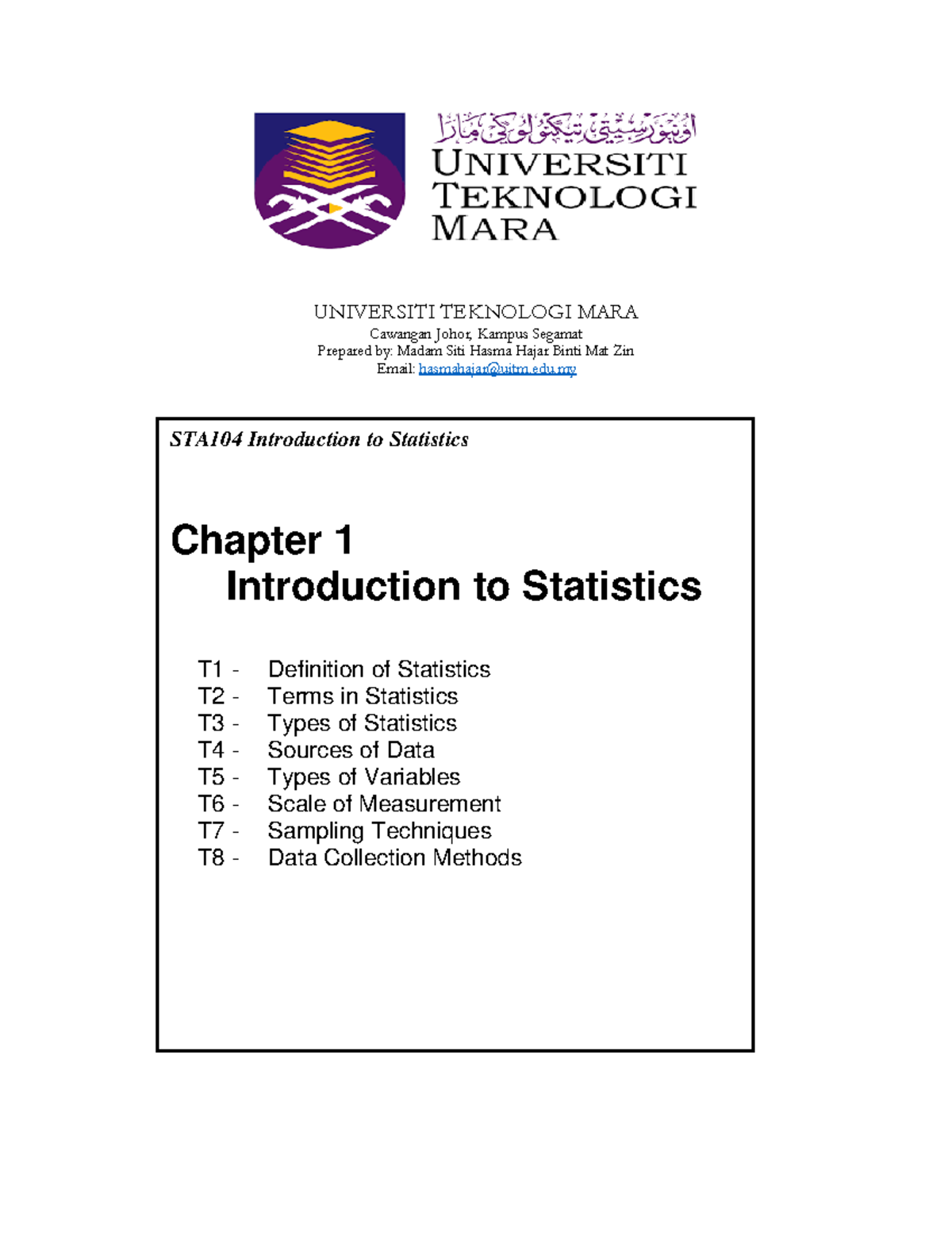 Chapter 1 Introduction to Statistics - UNIVERSITI TEKNOLOGI MARA Cawangan Johor, Kampus Segamat ...