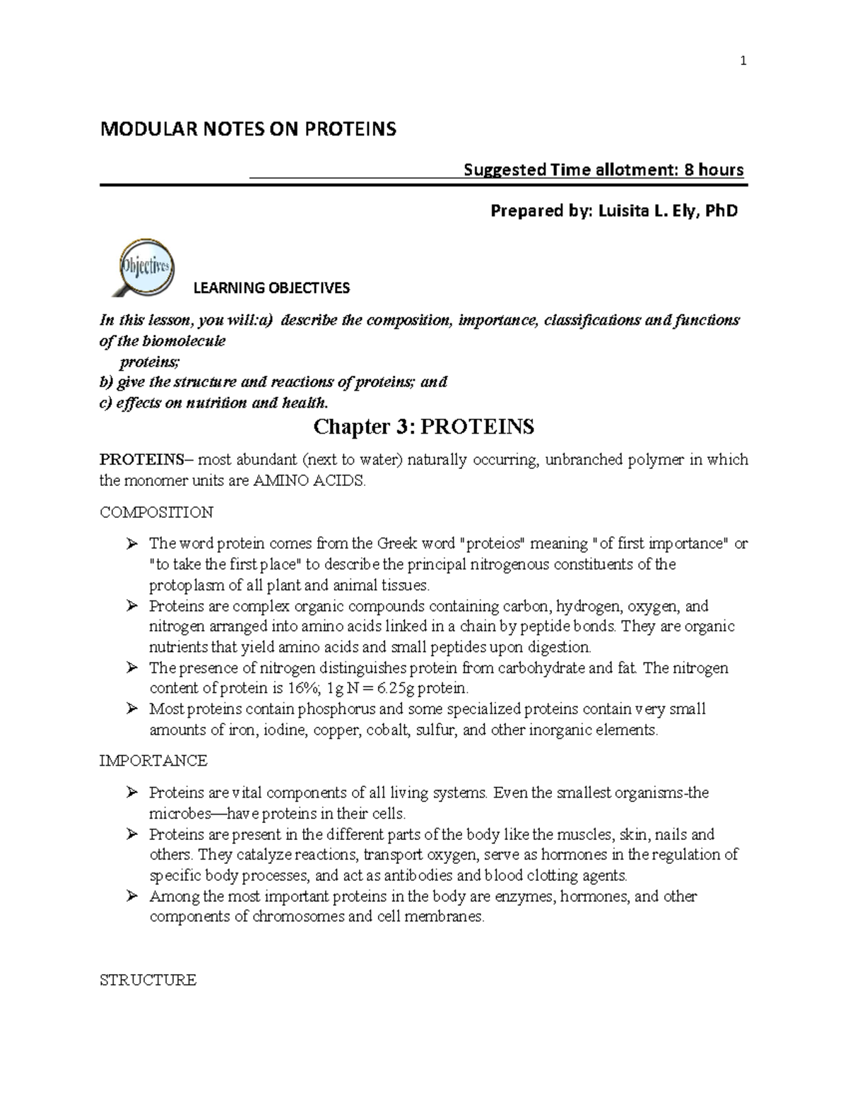 Module 3 - BIOchem notes - MODULAR NOTES ON PROTEINS Suggested Time ...