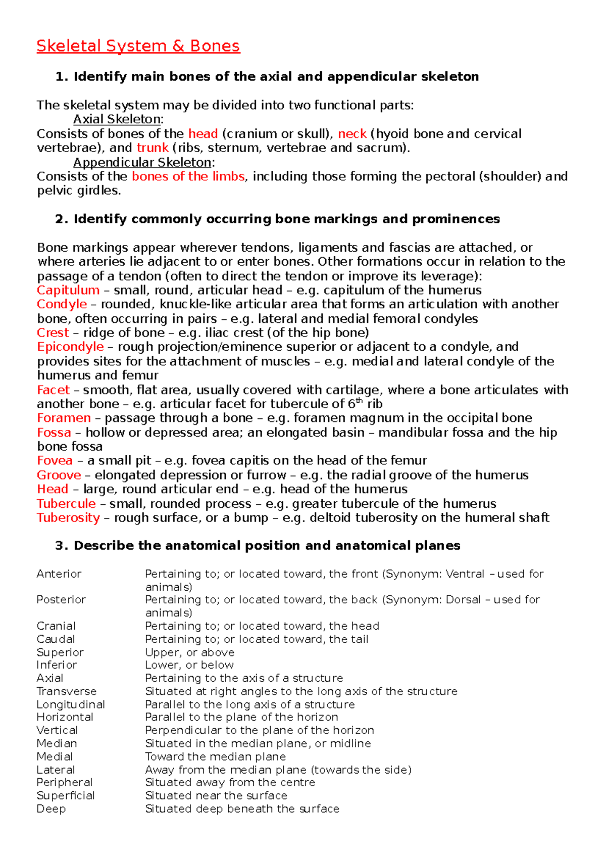 Musculoskeletal Anatomy Summary Notes - Skeletal System Bones 1 ...