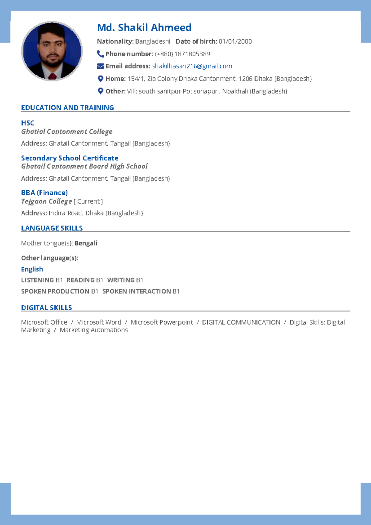 CV - Md. Shakil Ahmeed - Other language(s): English LISTENING B1 ...