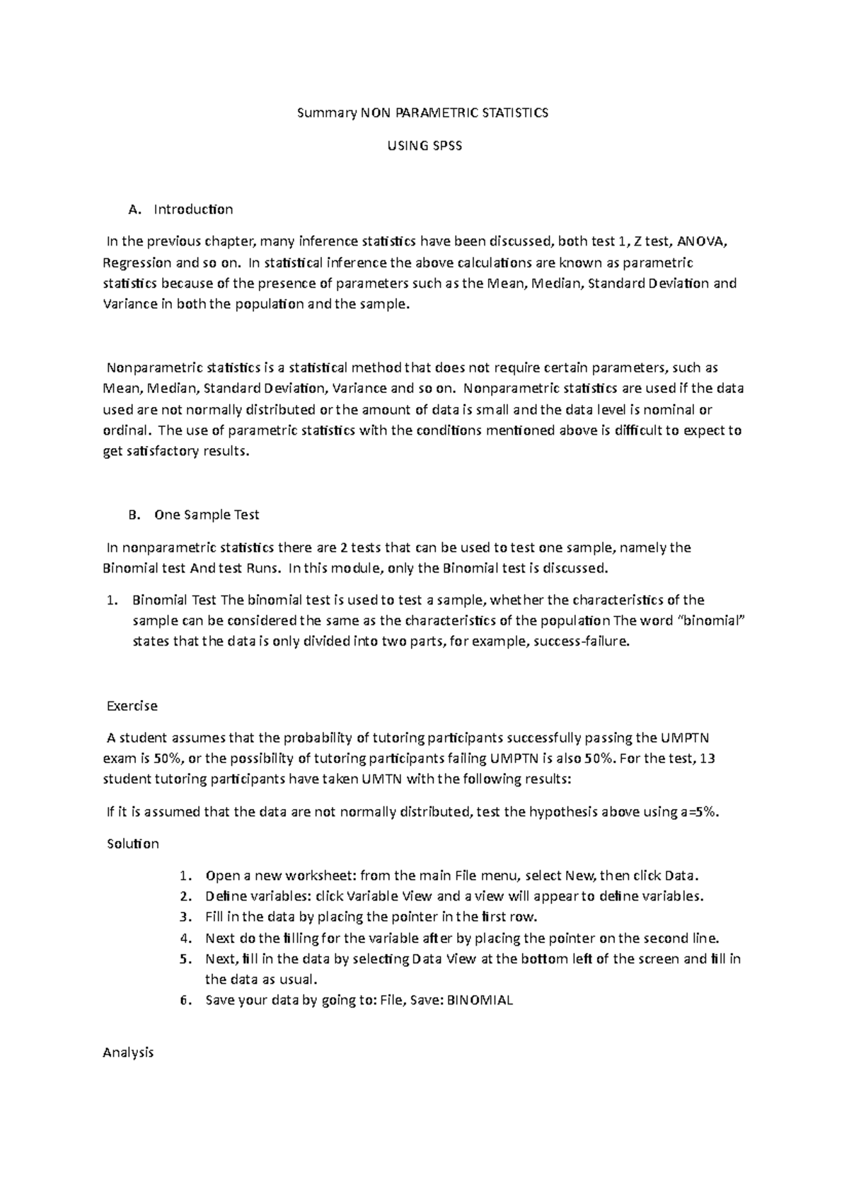 Summary Non Parametric Statistics Using Spss Summary Non Parametric Statistics Using Spss A