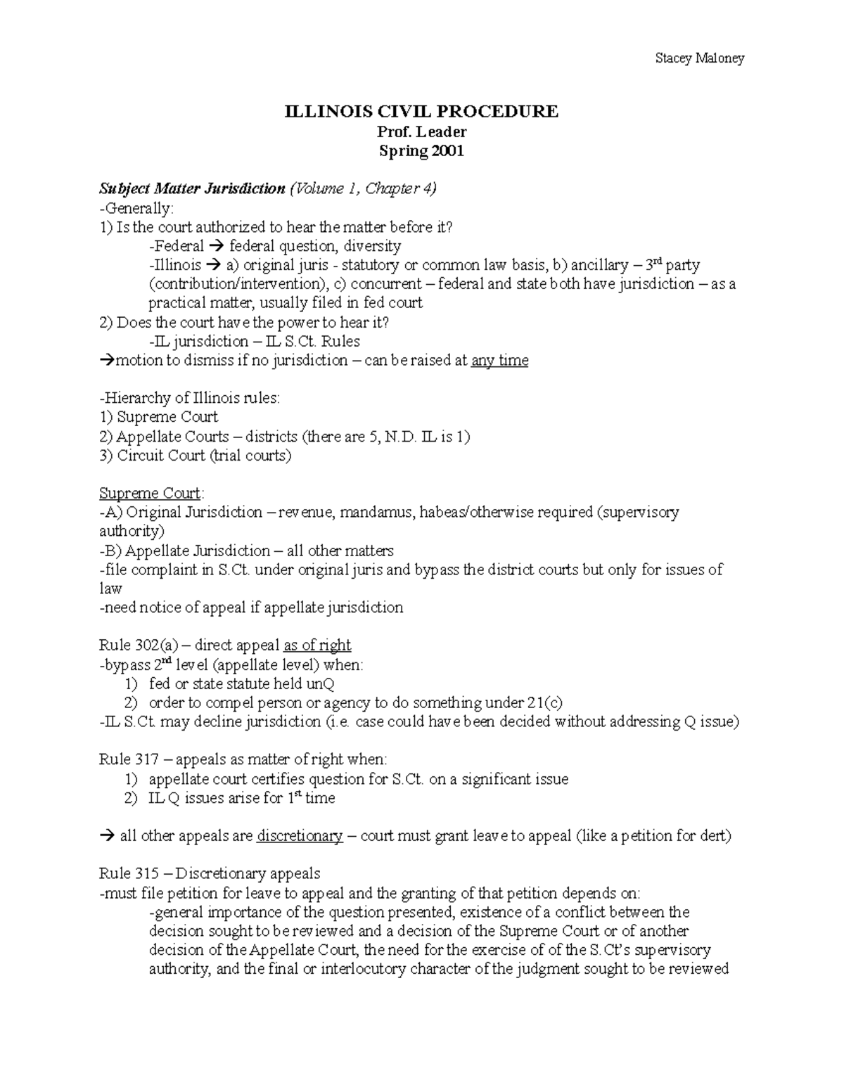 Illinois Civil Procedure Outline 1 - ILLINOIS CIVIL PROCEDURE Prof ...