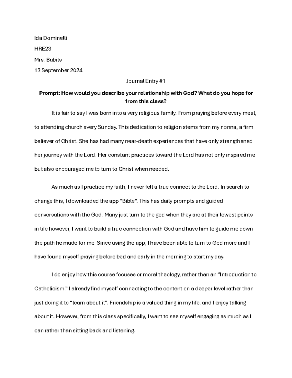 Journal Entry #1 - uhhhh - Ida Dominelli HRE Mrs. Babits 13 September ...
