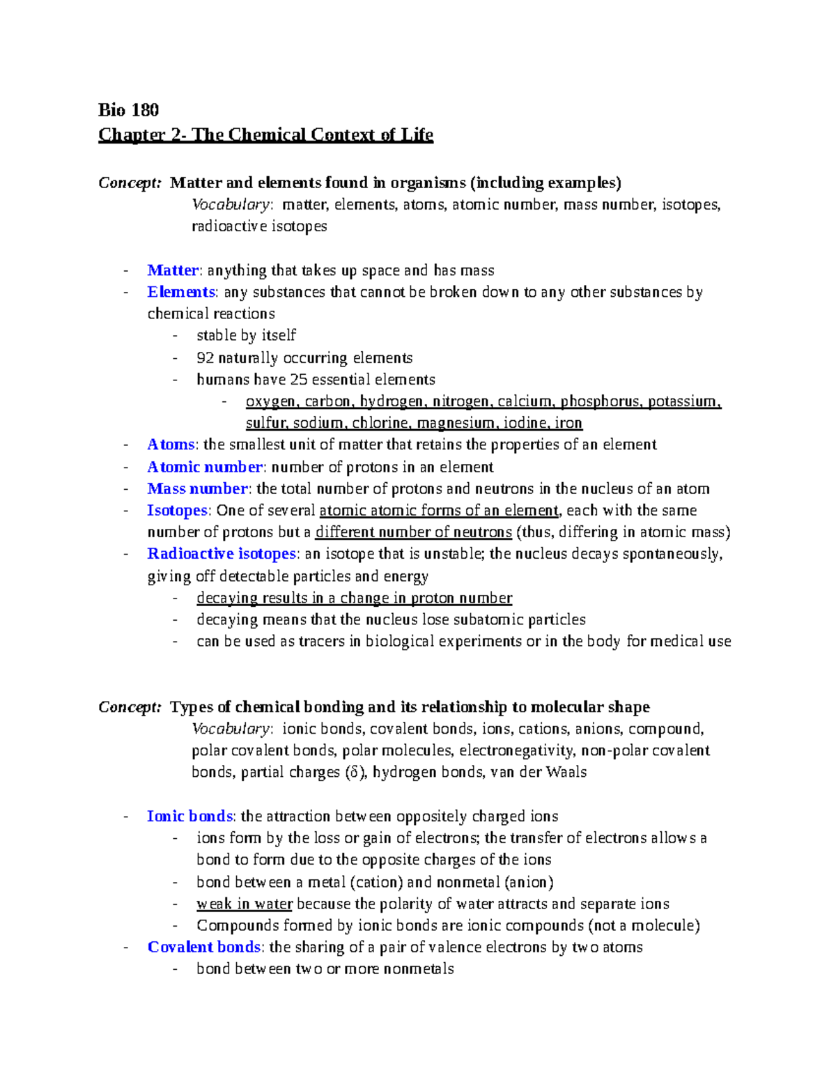 Biology Chapter 2 Review - Bio 180 Chapter 2- The Chemical Context of ...