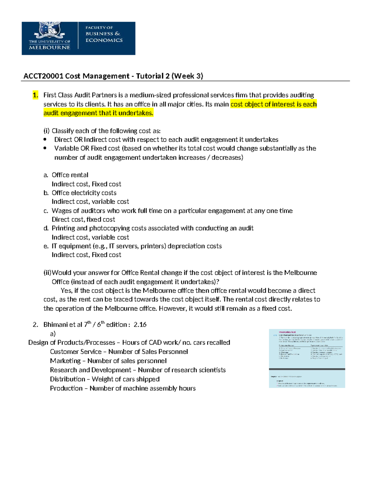 CM Tutorial 2 questions - ACCT20001 Cost Management - Tutorial 2 (Week 3) 1. First Class Audit ...