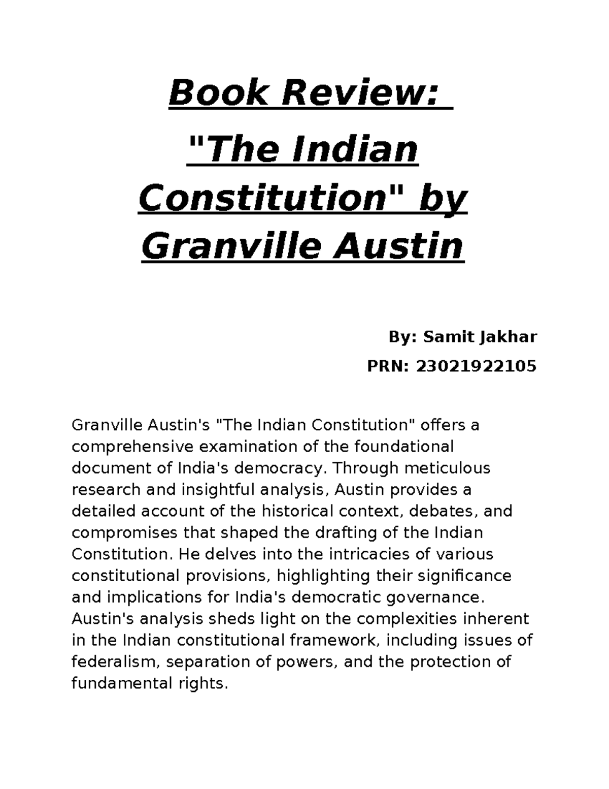 Book Review The Indian Constitution by Granville Austin - Book Review ...