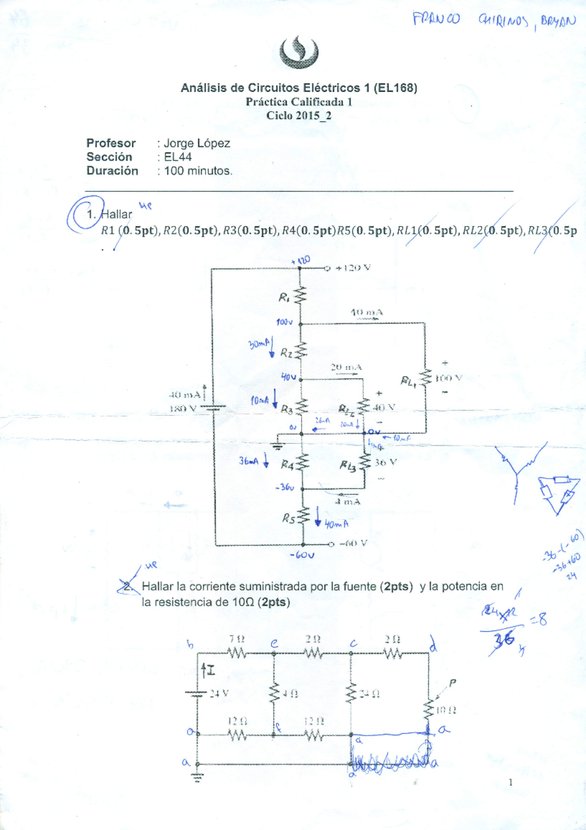 PC1 Analisis de Circuitos Electricos I 2015-2 - FRANCO CHIRINOS, BRYAN Análisis de Circuitos ...