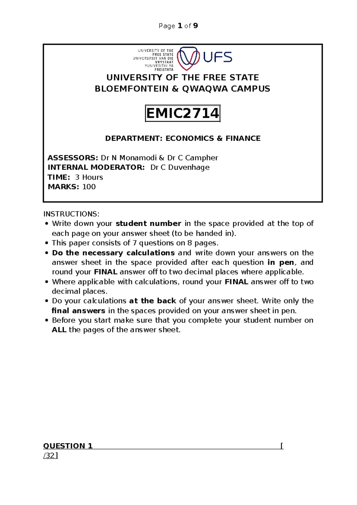 EMIC2714 Practice Exam 1 - INSTRUCTIONS: Write down your student number ...