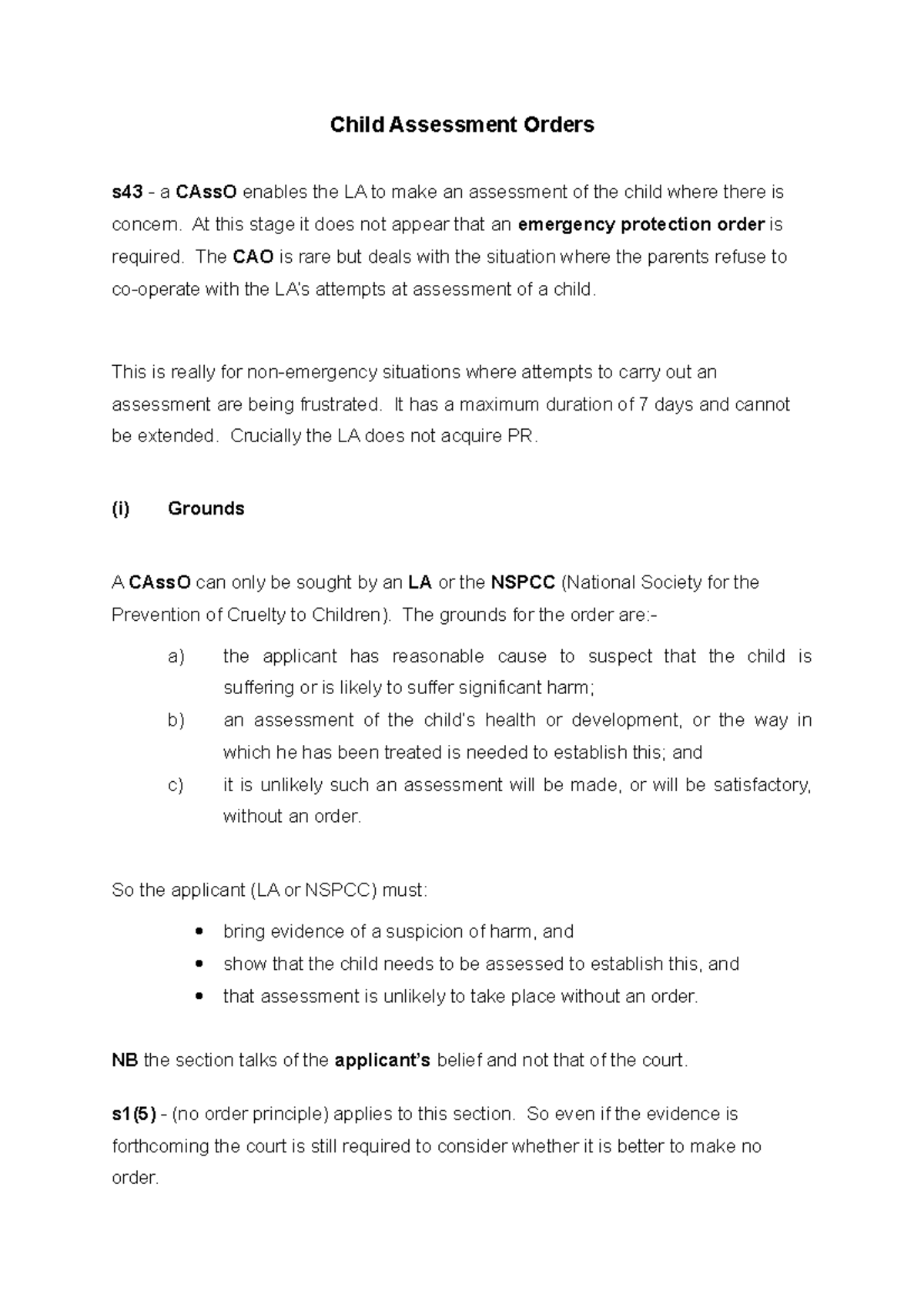 Child Assessment Orders - At this stage it does not appear that an ...