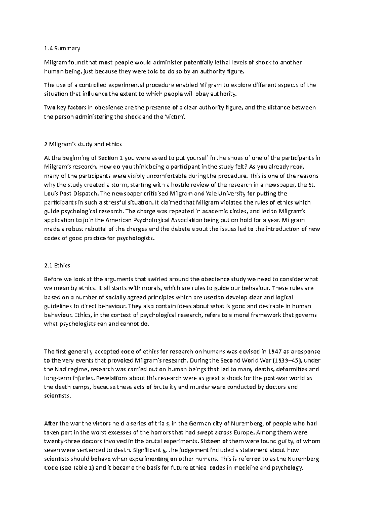 Milgrams study and ethics - 1 Summary Milgram found that most people ...