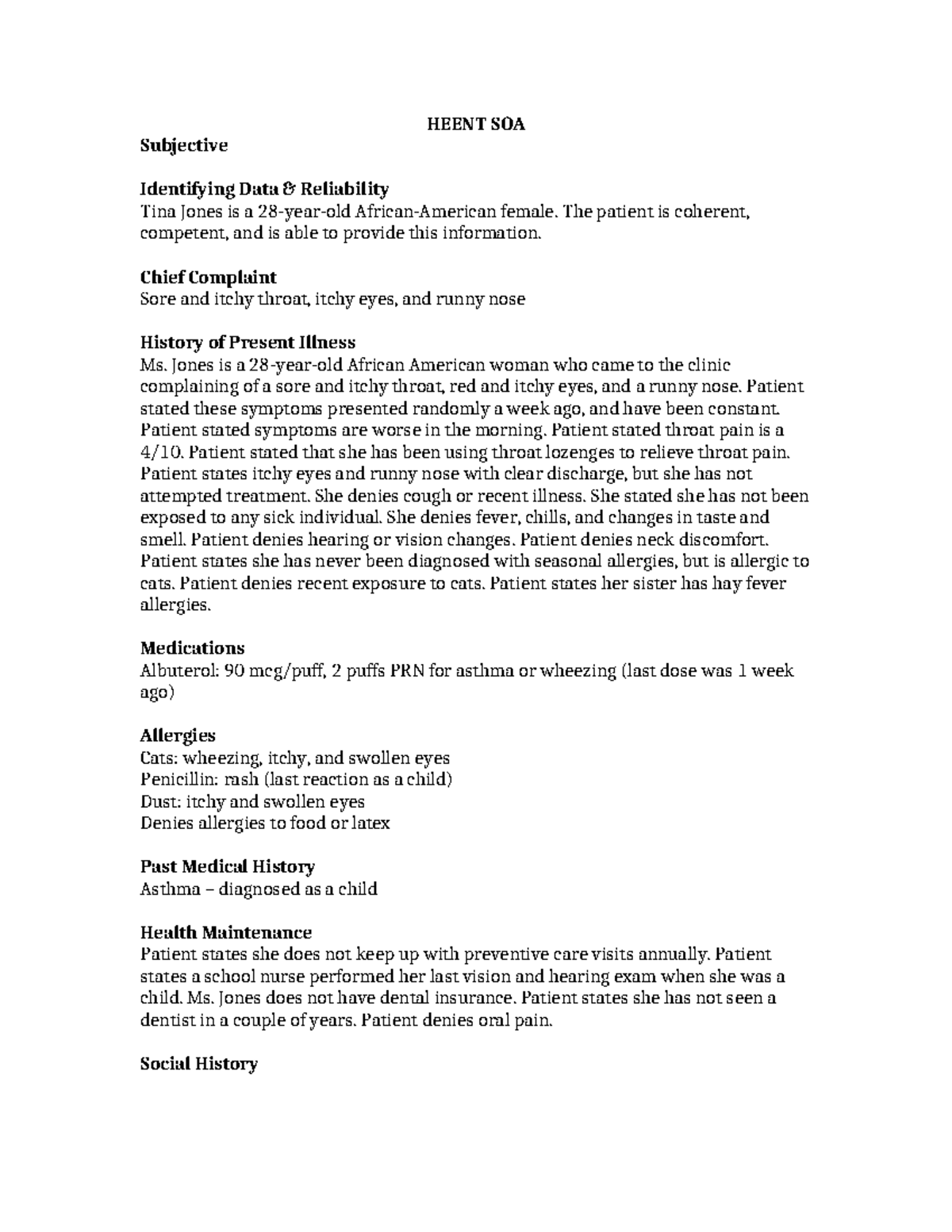 Heent Documentation - HEENT SOA Subjective Identifying Data ...