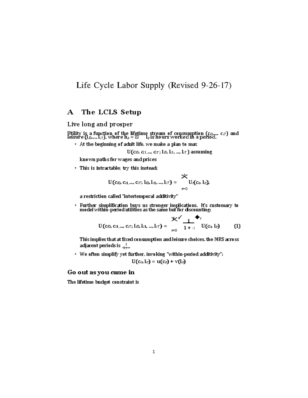 Life Cycle Labor Supply - .., ciT ) and leisure (li 0 ,..., liT ...