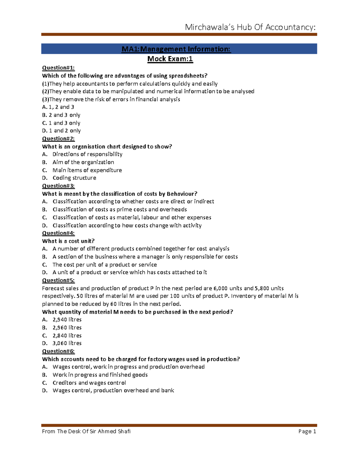 MA1 Mock Exam 1 - MCQS - MA1:Management Information: Mock Exam ...